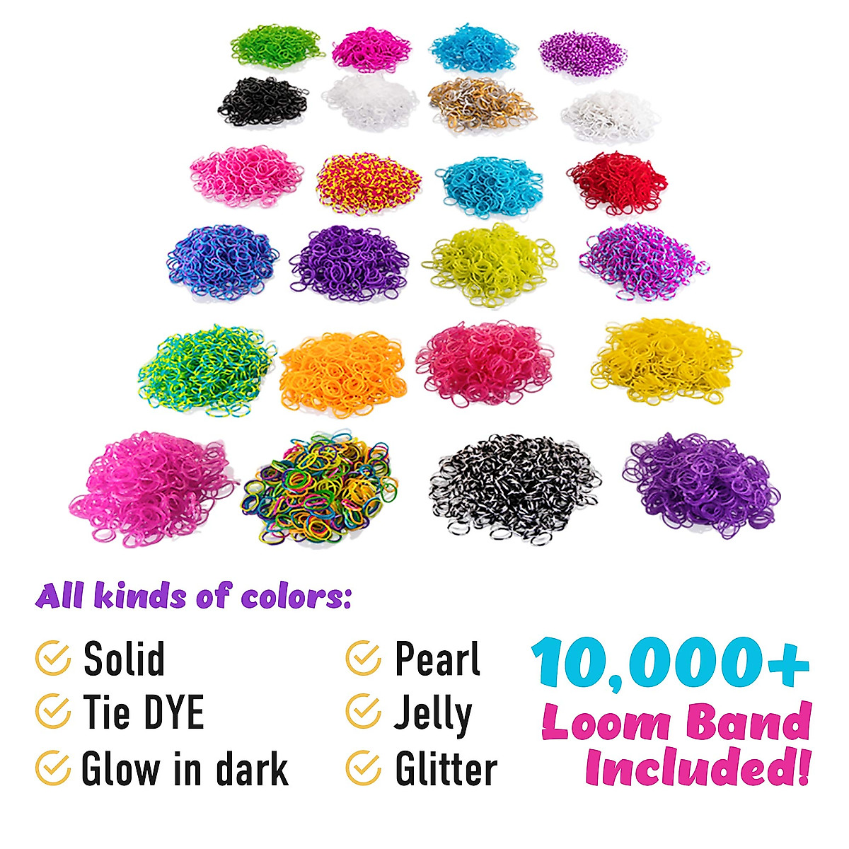 Loopa Rubber Bands Kit, 10,000+ Colorful Bands Refill Set for Kids, DIY Loom Bracelets Making Set with Beads & Endless Accessories - Box Case Included