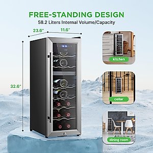 NutriChef PKCWCDS184 Wine Refrigerator Cellar, 18 Storage and 58.2 Liters Internal Capacity, Single Zone Chiller with Digital Touch Button Control, Placement for Standing Bottles and Air Tight Seal