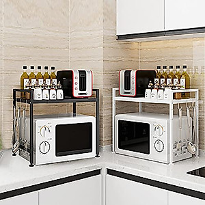 TBVECHI Microwave Oven Rack, 2 Tier Stainless Steel Microwave Stove Expandable Microwave Shelf Space-Saving Shelf and Organiser for Kitchen Worktops with 3 Hooks (White) (2 Tier White)