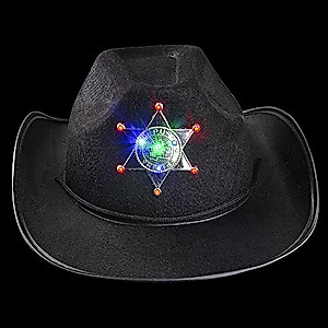 Black Sheriff Hat for Kids Boys and Girls - Light Up Cowboy Hat with Sheriff Blinking Badge and Draw String for Dress-Up and Play Costume Parties