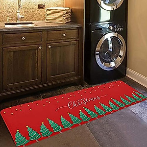 Libaoge Merry Christmas Kitchen Mat Rug 1 PCS Red Green Xmas Tree Yellow Stars Runner Rug Anti-Fatigue Comfort Memory Foam Standing Mat Non-Slip Floor Door Mat for Bathroom Bedroom 20x63in