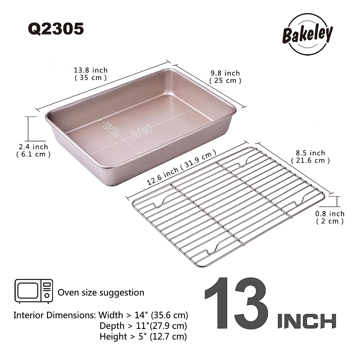 Bakeley Roasting Pan with Rack, Non-Stick Rectangular Deep Dish Oven-BBQ Bakeware for Oven Baking 13.78" x 9.84" x 2.36" (Champagne Gold)