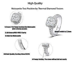 DovEggs 2ct Center 7.5mm Cushion Cut 2.3mm Width G-H-I Color Moissanite Engagement Ring Solitaire with Accents 14K Gold QUALITY Sterling Silver Engagement Ring for Women (6)