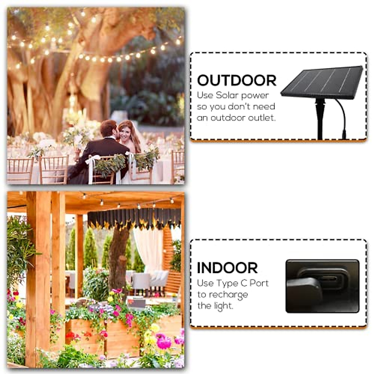 Banord 100ft Solar String Light Outdoor, USB Rechargeable Patio Solar Outdoor Lights with Waterproof & Shatterproof Solar Powered Bulbs Hanging Lights for Backyard, Porch, Garden, Cafe, Camping, Party