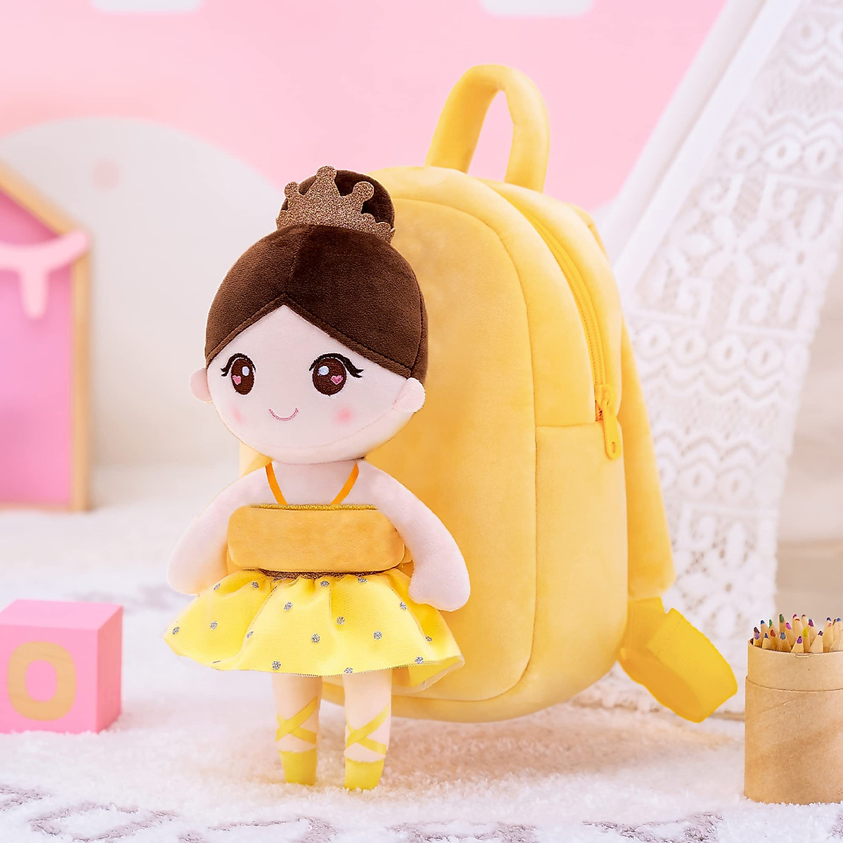 Gloveleya Toddler Backpack for Kids Soft Toys Plush Ballet Girl Doll Yellow 9 Inches