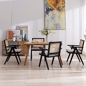 Guyou French Rattan Woven Dining Chairs Set of 6, Upholstered Dining Room Arm Chairs with Cane Back Mid Century Retro Side Chairs (Black Finish and Cream Fabric)