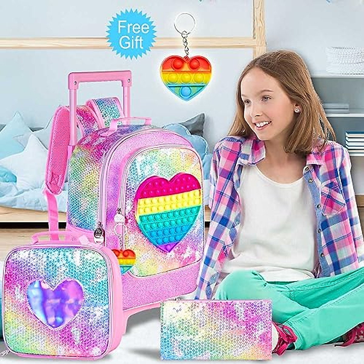 CCJPX 3PCS Kids Rolling Backpack for Girls, Unicorn Roller Wheeled Bookbag Toddler Elementary School Bag with Wheels Pink