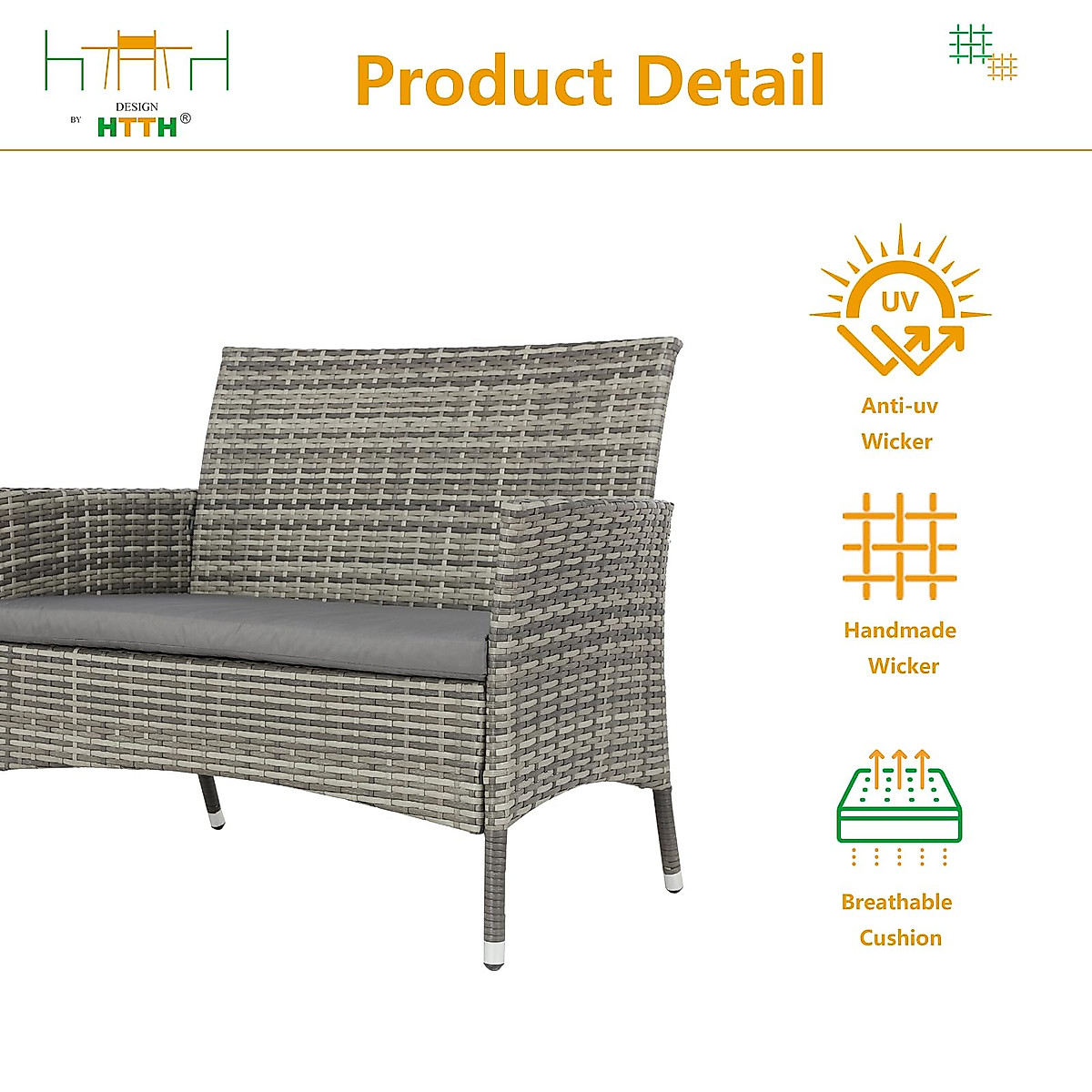 HTTH 4-Piece Outdoor Patio Furniture Sets Wicker Sofa with Cushions and Coffee Table Garden Lawn Pool Backyard Outdoor Sofa Sets (Grey-Grey)