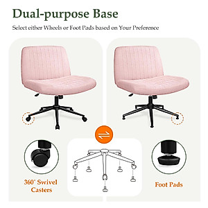 Orange Factory Criss Cross Chair with Wheels, Armless Cross Legged Office Desk Chair, Wide Comfy Vanity Rolling Swivel Modern Comfortable Fabric Computer Task Chairs for Home Office (Pink)