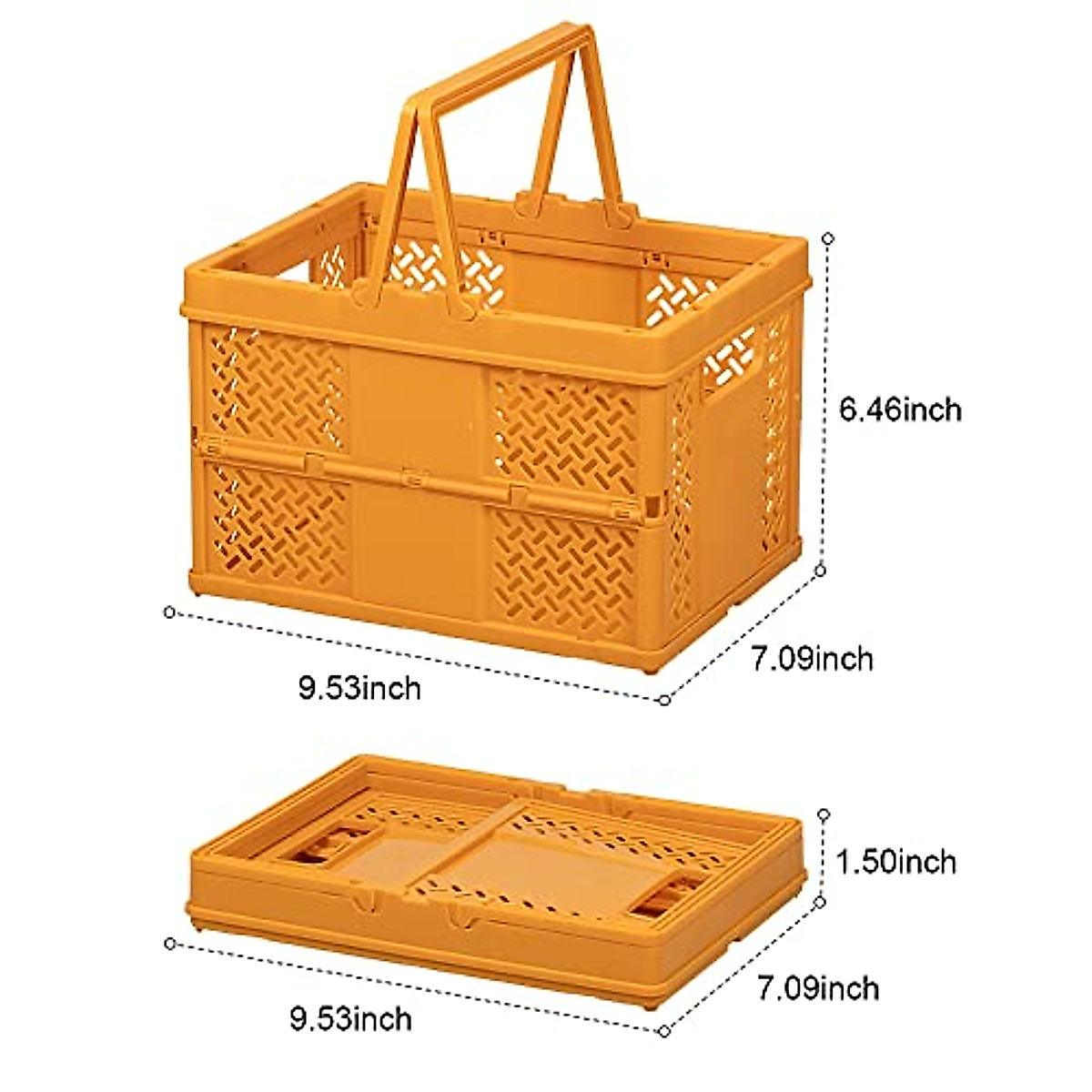 [2-Pack] Plastic Baskets for Shelf Storage Organizing, Durable and Reliable Portable Folding Storage Crate, Ideal for Home Kitchen Classroom and Office Organization, Bathroom Storage-Yellow