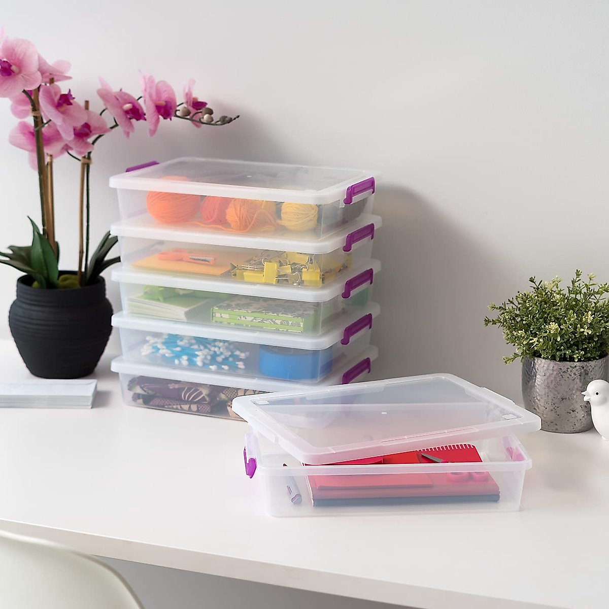 IRIS USA 53 Qt. Plastic Storage Container Bin, Large & 6 Quart Large Clear Plastic Storage Bins with Lids and Secure Latches, 6 Pack, Organizing Container, Clear/Violet