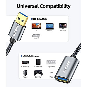 SUNGUY 5Gbps USB 3.0 Extension Cable, 1FT USB Extender, USB A Male to Female Cord, Braided High Data Transfer Compatible with Xbox, Hard Drive, Webcam, USB Keyboard, Mouse, Flash Drive, Oculus VR