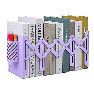 MSDADA Adjustable Bookends, Book Ends for Heavy Books, Expandable Book Organizer with Pen Holder for Desk, Shelf, Office, for 6 7 8 9-15 Boys and Girls, Extends up to 19 inches (Purple)