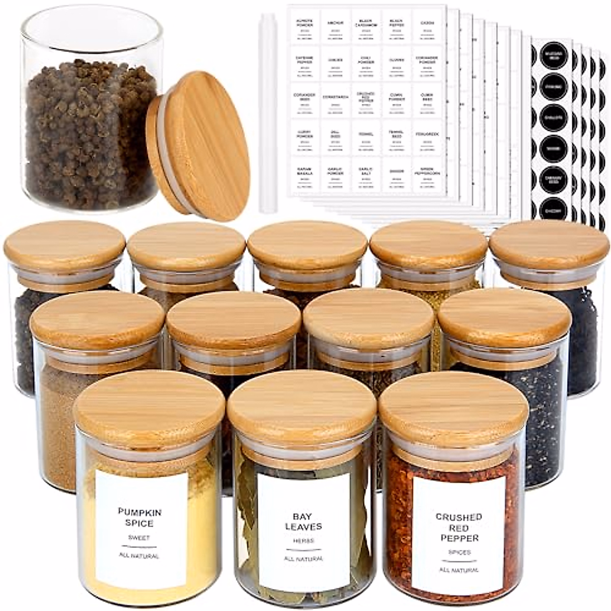 JuneHeart 24 PCS Glass Spice Jars with Bamboo Lids and 315 Waterproof Labels, 4oz Clear Food Storage Containers for Kitchen Sugar Salt Coffee Beans