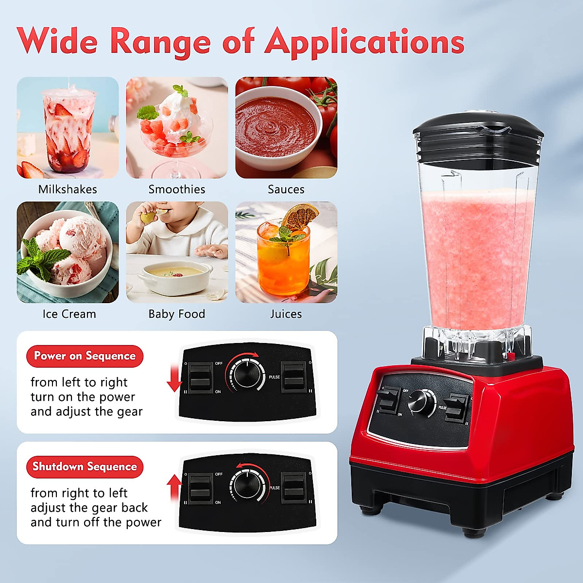 GDAE10 3HP 2200W Heavy Duty High Speed 45000RPM Smoothie Blender, Red, 68 Ounce (2L) for Soup, Fish, Crushing Ice, Frozen Desserts, Home or Commercial Use