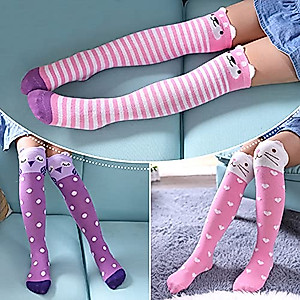 LINEMIN 3-12 Years Girls Knee High Socks Kids Cartoon Animal Warm Cotton Long Tall Boot Socks 6 Pairs (6 Pairs Animal C)