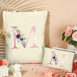 Binggemen Initial Canvas Tote Bag with Zipper Pockets,Personalized Totes for Women Bridesmaids Teacher,Cosmetic Makeup Bag,Monogrammed Gifts for Wedding Birthday (Letter M)