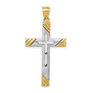 Solid 14k Yellow and White Gold Two Tone Diamond-cut Cross Pendant Charm - 38mm x 19mm