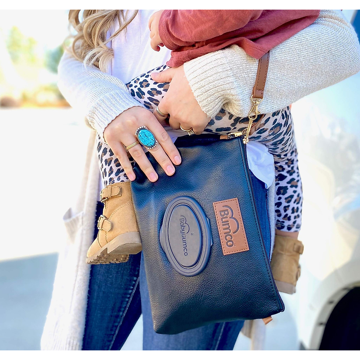 Bumco Diaper Clutch Bag - Portable Wipes Dispenser & Diaper Holder, Airtight Travel Baby Wipes Case, Leather-Style Wipe Dispenser Travel Baby Wipes Dispenser On the Go, Diaper Wristlet (Black)