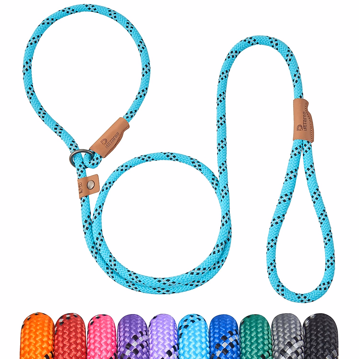 Petarea 5 FT Slip Lead Dog Leash, Heavy Duty Rope Leash for Small Medium Large Dogs, No Pull Training Lead with Reflective Thread, Strong Comfortable Loop Leash (Teal Stripe, Medium(3/8"))