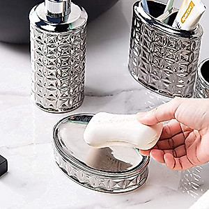 BASDHE Bathroom Accessories Set-5 Piece Ceramic Gift Set Toothbrush Holder,Toothbrush Cup,Soap Dispenser,Soap Dish,Trash Can, Set Bathroom (Grey)