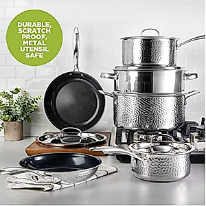 Granitestone Hammered Stainless Steel Pots and Pans Set, Tri Ply Ultra-Premium Ceramic Cookware Set with Nonstick Coating, Kitchen Set Nonstick Frying Pans, Stock Pots & Skillets, Hammered Finish