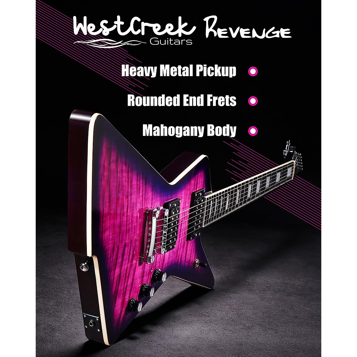 WestCreek Revenge Solid Body Electric Guitar, Heavy Metal Guitar, Right Handed, Alnico Humbucker Pickups, Rounded End Jumbo Frets, Bone nut, Rosewood Fretboard, Mahogany Body Purple