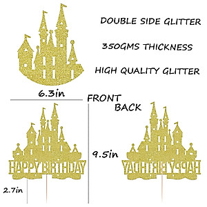 MYAMPED Castle Birthday Cake Topper - Double-Sided Gold Glitter Castle Themed Birthday Cake Decoration Supplies - Princess/Prince Birthday Cake Bunting Decor, Photo Booth Props