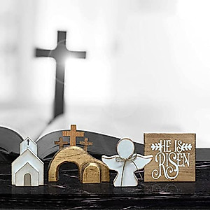 Jesus Tomb Easter Tray Bundle Kit, Wooden Easter Jesus Sign Tiered Tray Decorations, He is Risen Easter Tiered Tray Decor Farmhouse Rustic Tiered Tray Items, Easter Decor for Home Office (Set of 4)