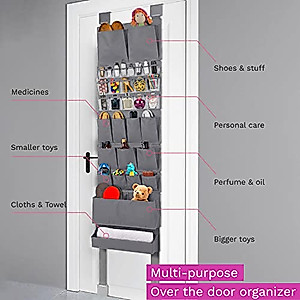 Over The Door Hanging Organizer Storage Wall Mount Premium Durable with 7 Unique Large Pockets Customizable Metal Door Hooks 17” Wide * 73” Long Closet Organizer Office Home Easy to Setup Grey