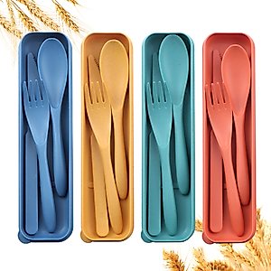 Reusable Travel Utensils Set with Case, 4 Sets Wheat Straw Portable Plastic Fork Spoons Knife Camping Cutlery, Eco-Friendly BPA Free Lunch Tableware Travel Picnic Silverware for Kids Adults Daily Use