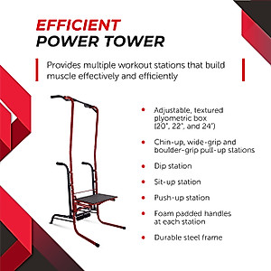 Stamina Power Tower w/Smart Workout App - Pull Up Bar Dip Station for Home Gym Strength Training Workout Equipment, Red/Black