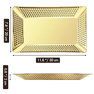 Koluti 12 Inch Gold Rectangle Decorative Tray, Brass Tone Hammered Nightstand Accessory Dresser Serving Plate, Counter Perfume Jewelry Makeup Organizer Storage, Stainless Steel