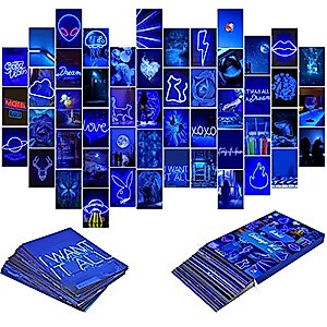 Blue Neon Wall Collage Kit Aesthetic Pictures, 50PCS Room Decor Indie Aesthetic for Teen Girls Boys Bedroom Wall Posters, Mysterious Photo Dorm Decorations, Blue Aesthetic Wall Images with 4x6''