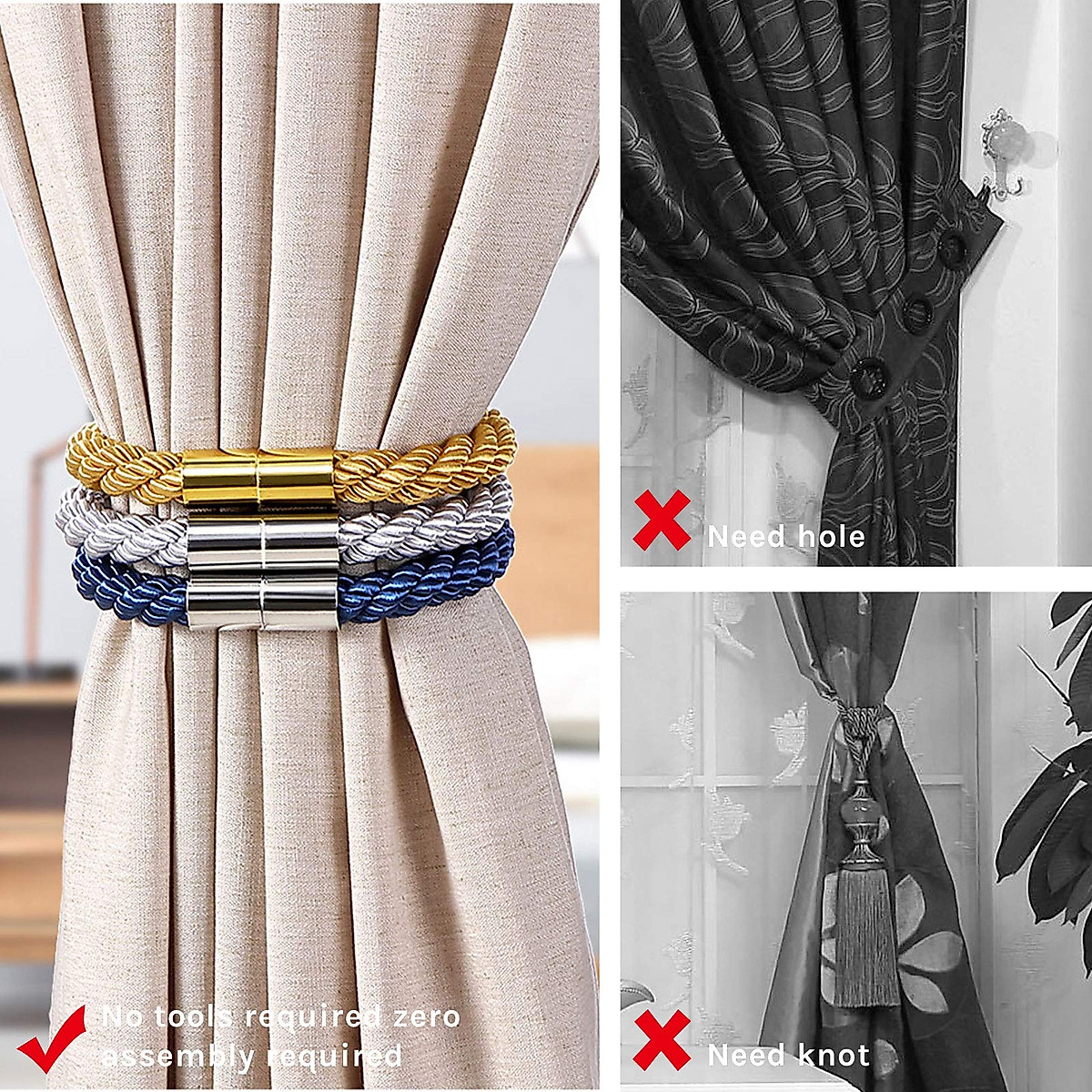 NICEEC 2 Pack Strong Magnetic Curtain Tiebacks Modern Simple Style Drape Tie Backs Convenient Decorative Weave Rope Curtain Holdbacks for Thin or Thick Home & Office Window Draperies (Black)