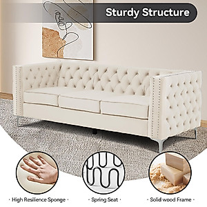 Morden Fort Couches for Living Room, 85“Beige Morden Sofa with Button Tufted, Nailhead Trim, 3-Seater Velvet Sofa for Apartroom, Bedroom, Office