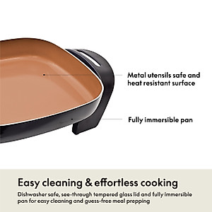 BELLA Electric Ceramic Titanium Skillet, Roast, Fry and Steam, Healthy-Eco Non-stick Coating, Convenient Easy Clean Up, Glass Lid Included, 12" x 12", Copper/Black