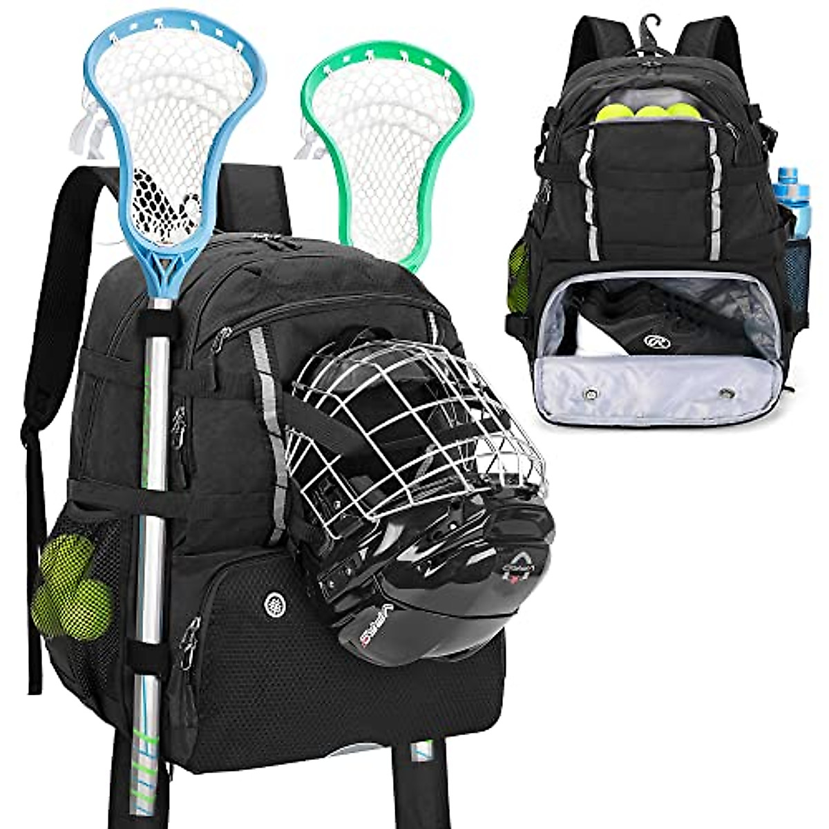 DSLEAF Lacrosse Bag with Stick Holder, Lacrosse Backpack with External Buckle Straps to Fix Helmet, Separate Shoe Space and Other Pockets to Hold Shoes US Mens 13 and Other Lacrosse Equipment (Patent Design)