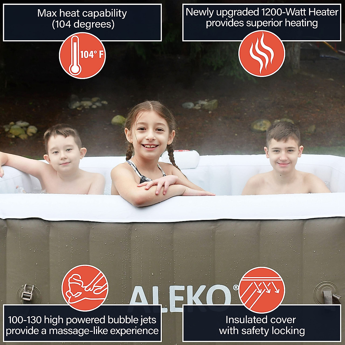 ALEKO Inflatable Hot Tub Spa | Personal High Powered Jetted Bubble | with Fitted Cover and 3 Filters | 160 Gallon | 4 Person Square | Brown | HTISQ4BR