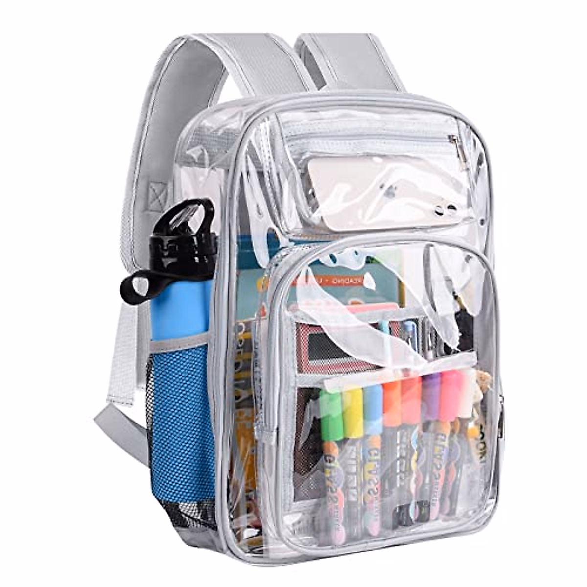 ANSUN Clear Backpack, Large Heavy Duty PVC Transparent Backpack for Kids and Adults, See Through With Reinforced Straps Clear Bookbag for School, Sports, Work, Travel, College, grey