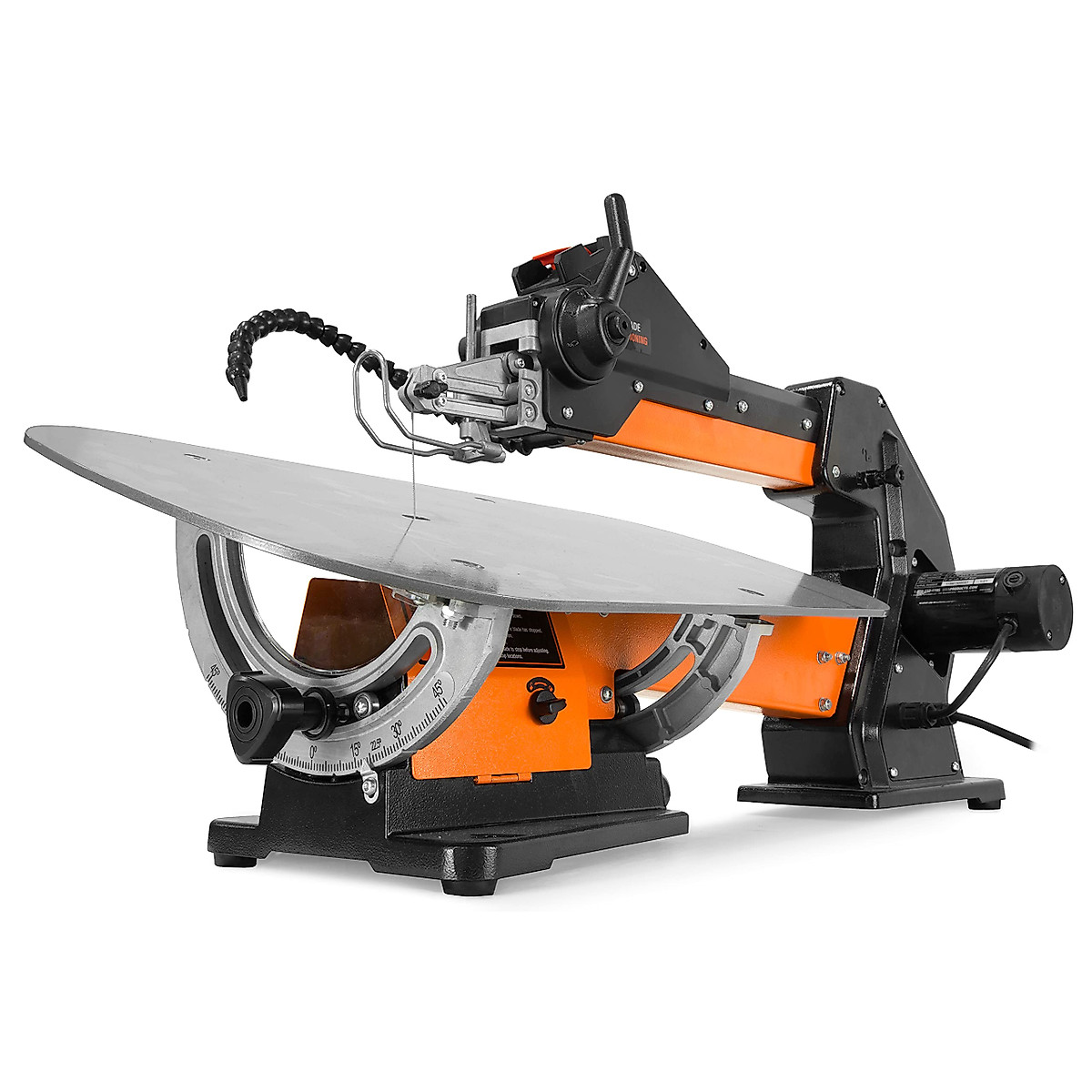 WEN LL2156 21-Inch 1.6-Amp Variable Speed Parallel Arm Scroll Saw with Extra-Large Dual-Bevel Steel Table, Black Orange