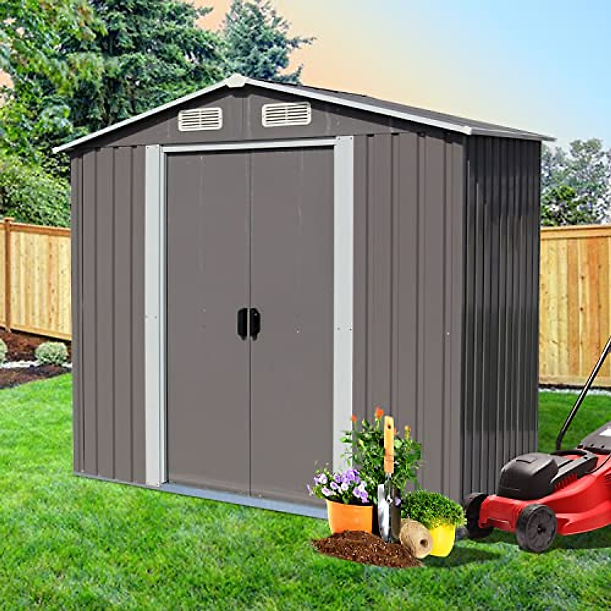 kinbor 6' x 4' Outdoor Storage Shed Garden Shed - Galvanized Metal Utility Tool Storage with Air Vents and Door for Backyard Lawn Patio, Grey