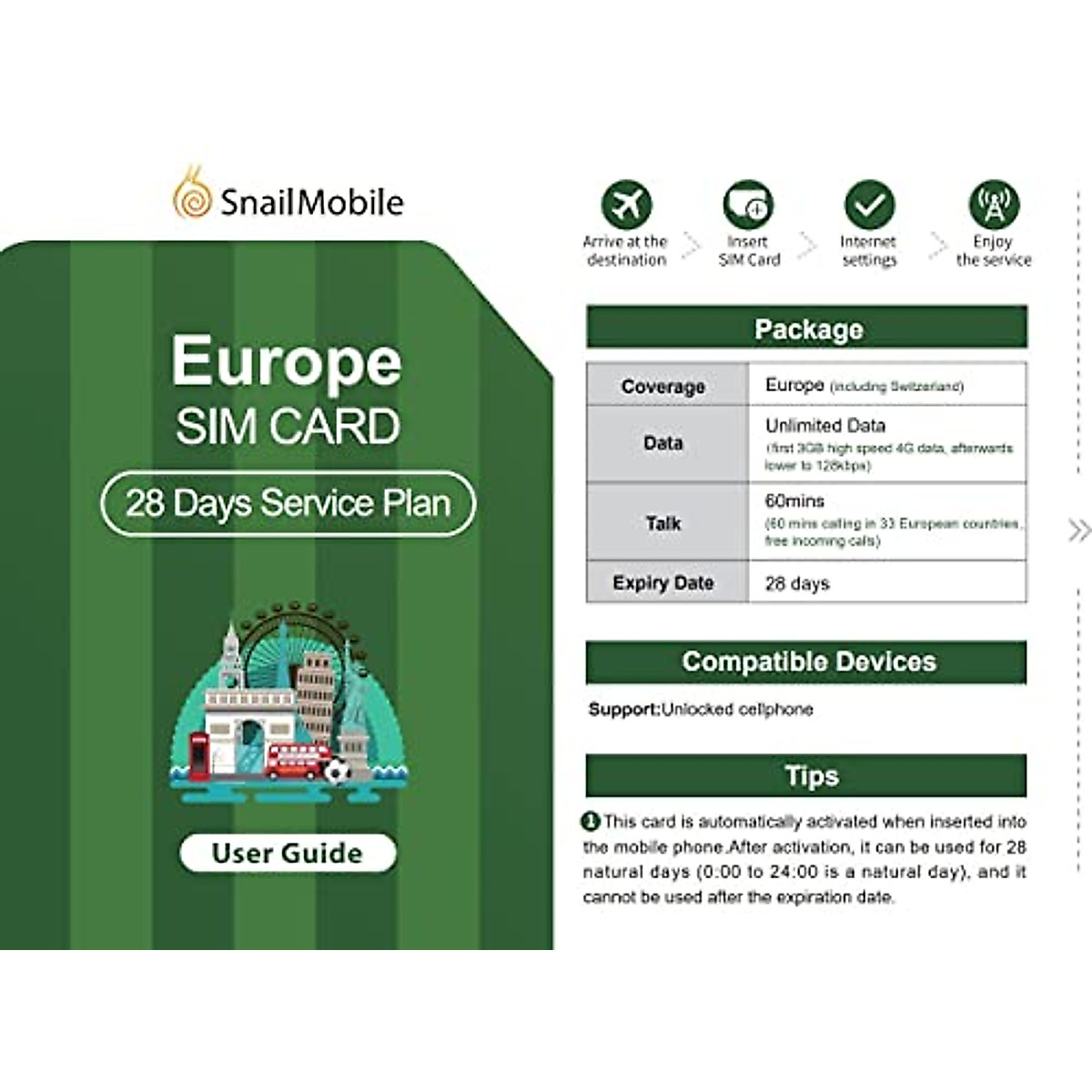 Snail Mobile Europe Travel/Holiday 28 Days Plan SIM Card Unlimited 4G LTE Internet Date in 30+ Countries in Europe(Universal SIM Card Pack)