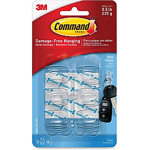Command 17006CLRES Mini Hooks, w/Adhesive Strips,Holds 1/2 lb, 6/PK, Clear