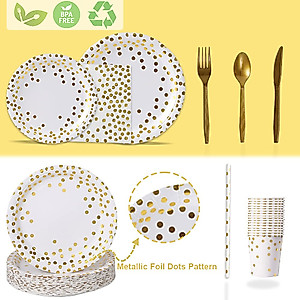 White and Gold Party Supplies Disposable Set 226 Pieces Serves 25 Guests Golden Dots Party Dinnerware, Paper Plates Napkins Cups, Gold Plastic Forks Knives Spoons Balloons for Wedding Birthday Party