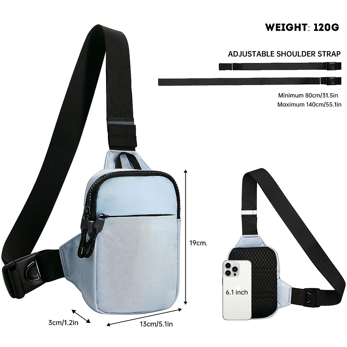 Long Keeper Mini Sling Bag - Men Women Small Waterproof Crossbody Bag Casual Phone Chest Bag for Travelling Hiking (Light Blue)
