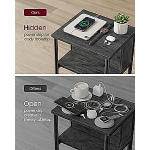 VASAGLE Side Table with Charging Station, 3-Tier End Table with USB Ports and Outlets, Nightstand for Living Room, Bedroom, 11.8 x 13.4 x 22.8 Inches, Plug-in Series, Misty Gray and Black ULET373B68