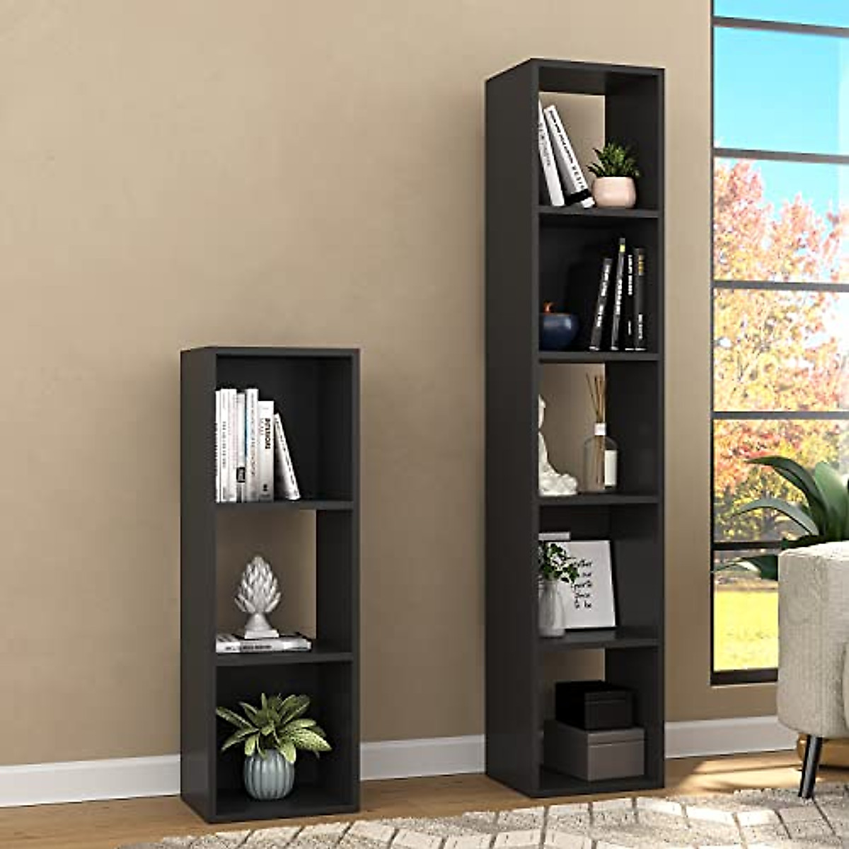 FALKK Furniture 5-Tier Shelf – Natural Wood Tall Bookshelf – Minimalist 5-Tier Bookshelf for Living Room, Office, Bedroom – Eco-Friendly Reforestation Wood Bookshelf (Black)