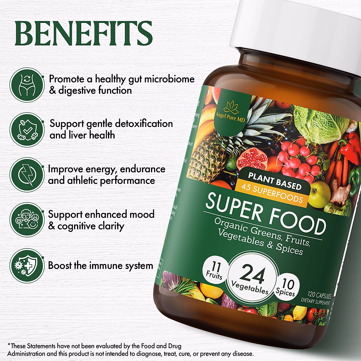 Angel Pure MD Superfood Greens Fruit and Veggies Supplement - USDA Organic Super Greens & Super Reds Vegetable Supplements for Adults - Cruciferous Vegetables Supplement for Immunity & Gut Health