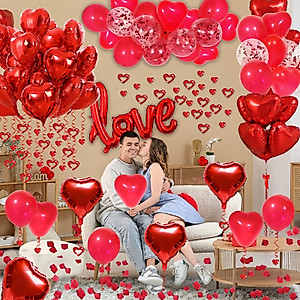 Red Valentines Day Decorations with Red Heart Balloons and Love Balloon, Fake Rose Petals for Wedding Decor, Anniversary Decorations Romantic with red Latex Balloons and Heart Hanging Decor